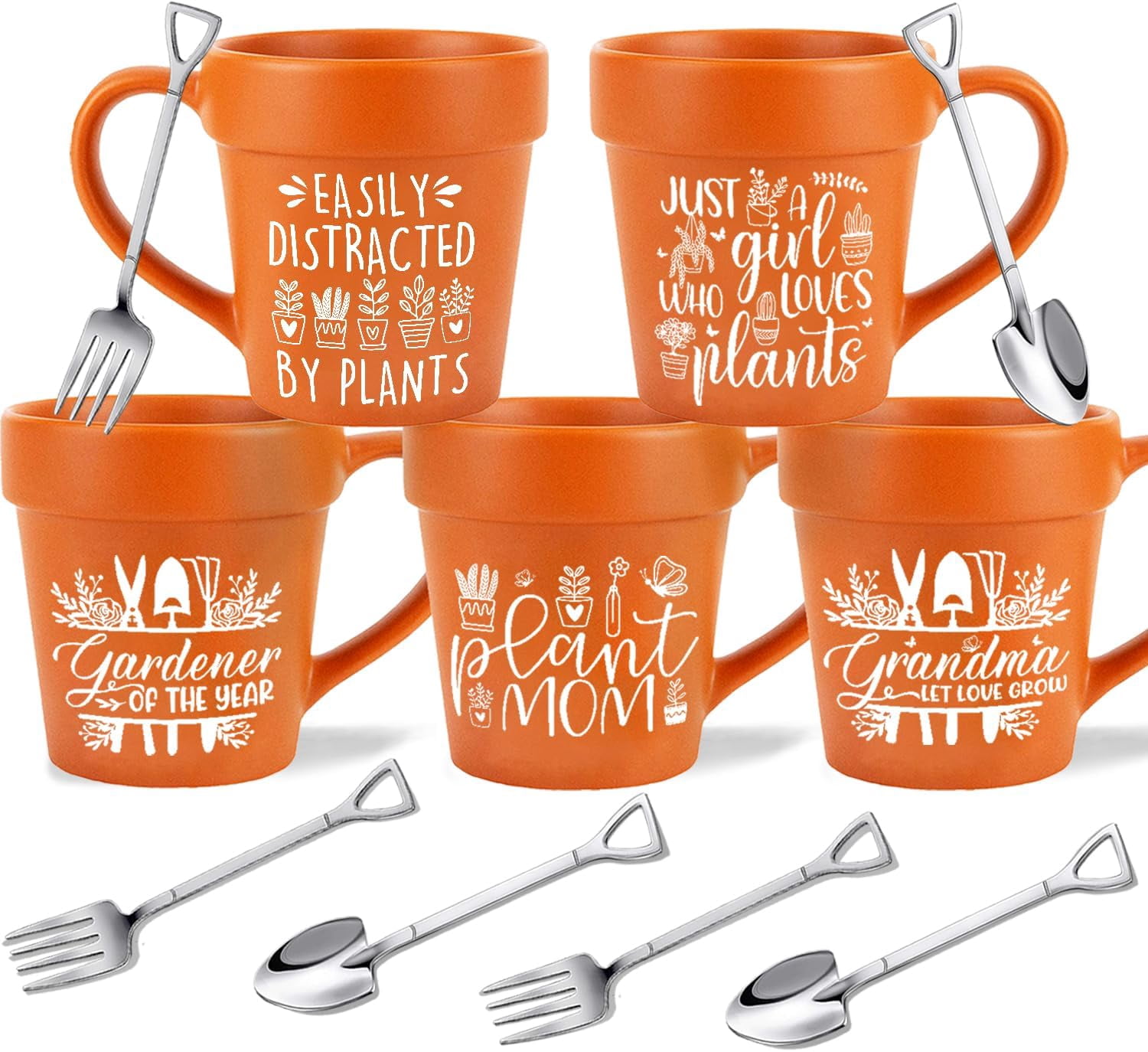 1 Random Plant Pot Mug With Shovel Spoon & Fork - Plant Lover Gifts for ...