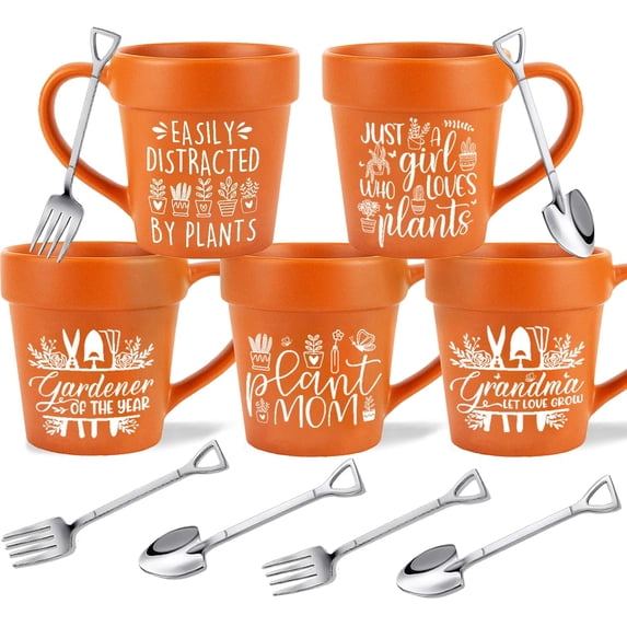 1 Random Plant Pot Mug With Shovel Spoon & Fork - Plant Lover Gifts for ...