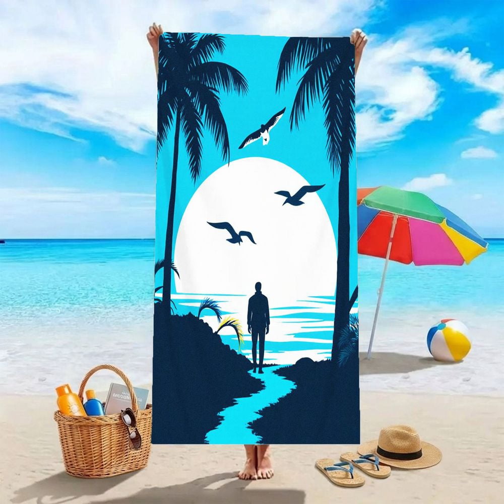 1 Rectangle Beach Towel, Tropical Blue Black Brown Palm Trees Seagull ...