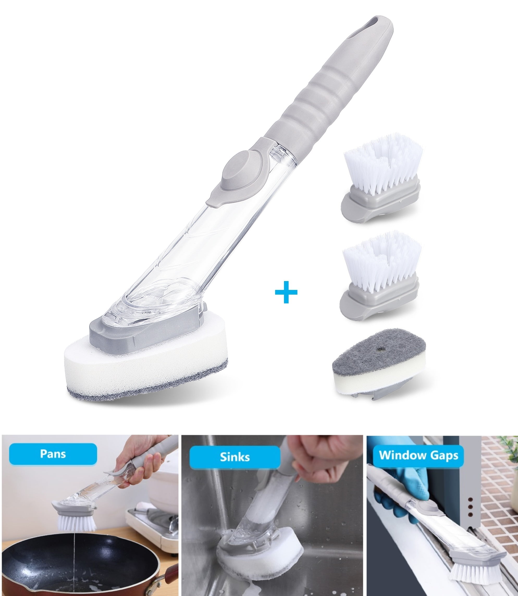 1 Refillable Dish Brush Wand Handle with 2 Brush Heads & 2 Non Scratch ...