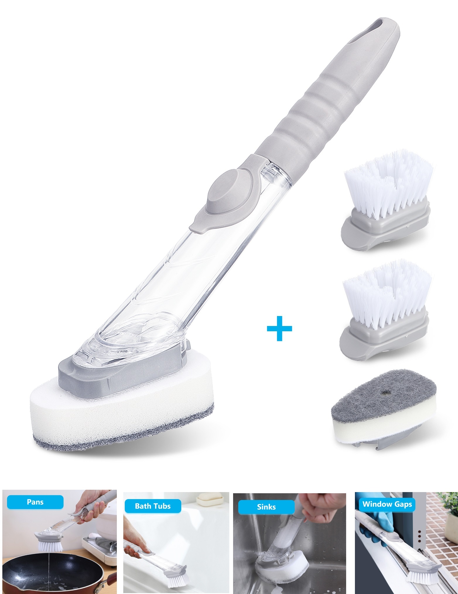 1 Refillable Dish Brush Wand Handle with 2 Brush Heads & 2 Non Scratch ...