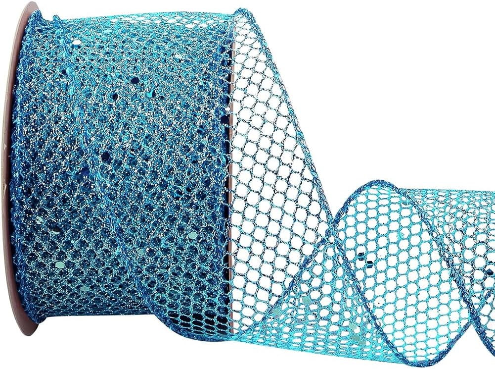1 Roll 2.5 Inch Blue Glitter Mesh Ribbon Sparkle Polyester Metallic ...