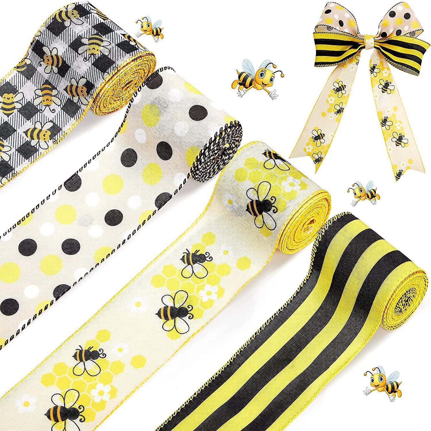 1 Roll 5 Yard Bumble Bee Fabric Burlap Ribbon Yellow Black Dots Plaid ...