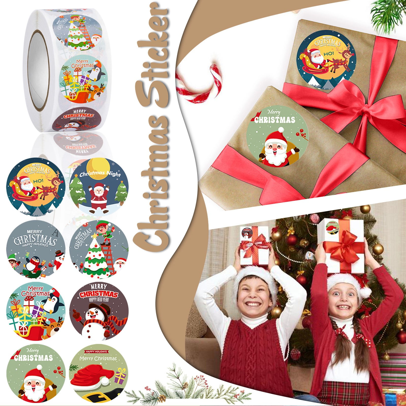1 Roll 500 PC Seal Sticker Christmas Candy Christmas Tree Santa Letters ...