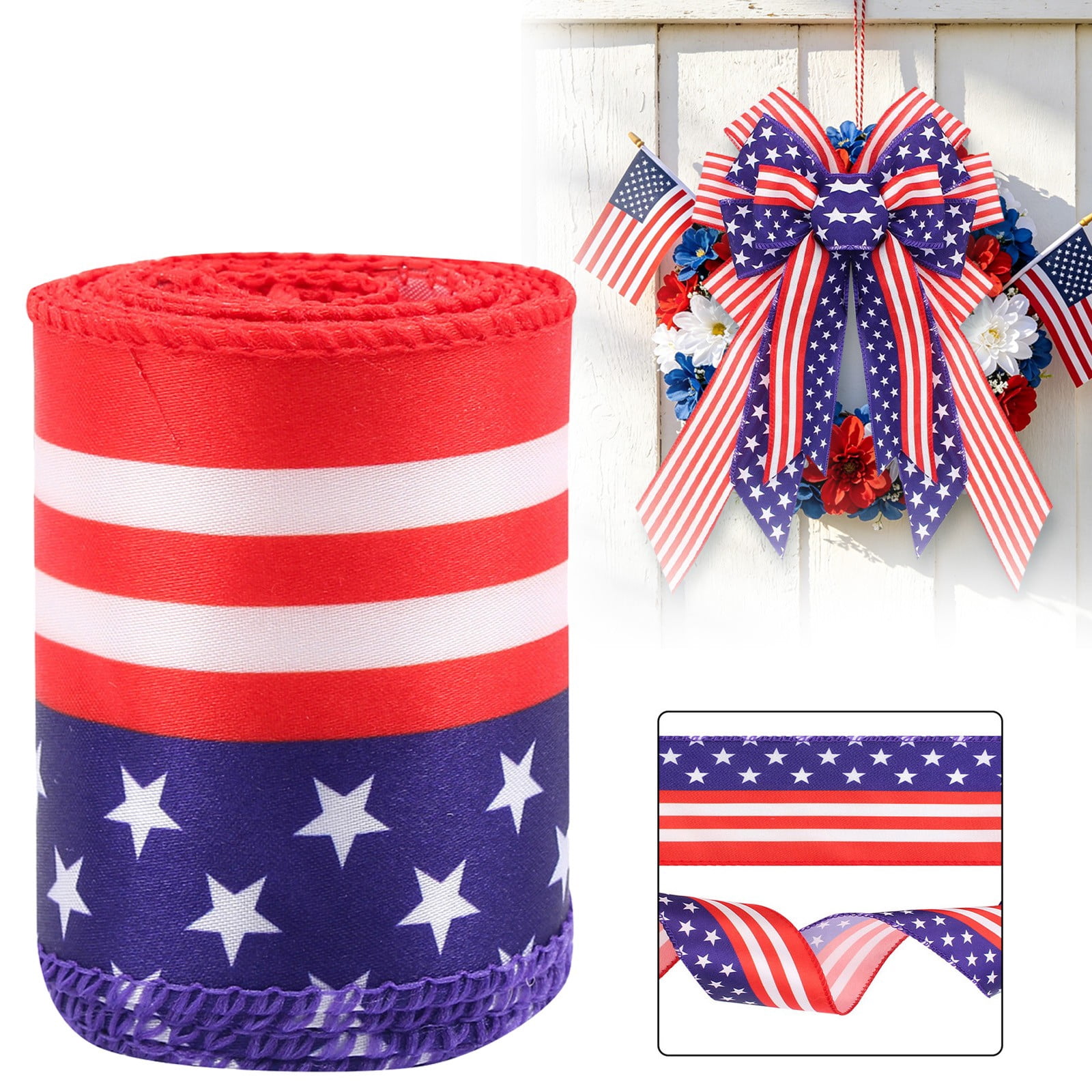 1 Roll Patriotic Glitter Wired Ribbon, Striped Craft Ribbon, Flexible ...
