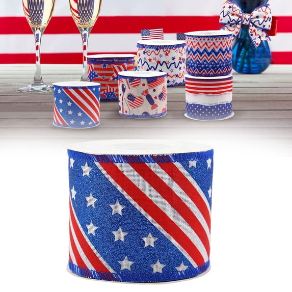 1 Roll Patriotic Wired Ribbon 63mm x 5 Yards, Red White Blue Stars and ...
