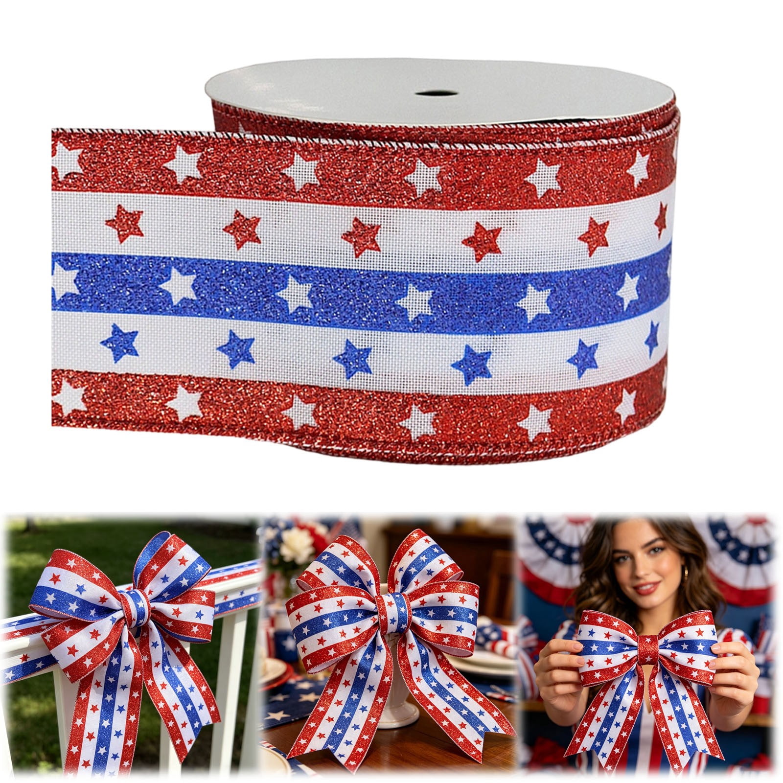 1 Roll Style 5 10 Yard Wire Edged Patriotic Ribbon, Classic Stripe ...