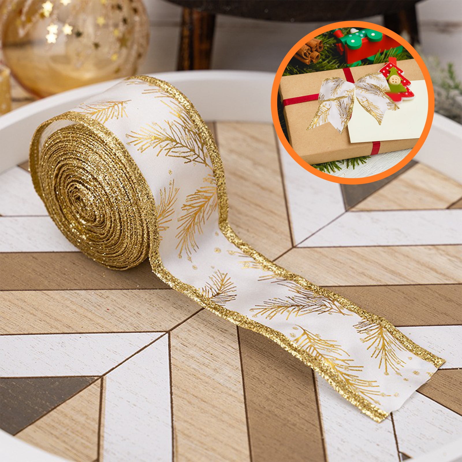 1 Roll White Christmas Fabric Ribbons with Gold Edge,Xmas Decor 16.4Ft ...