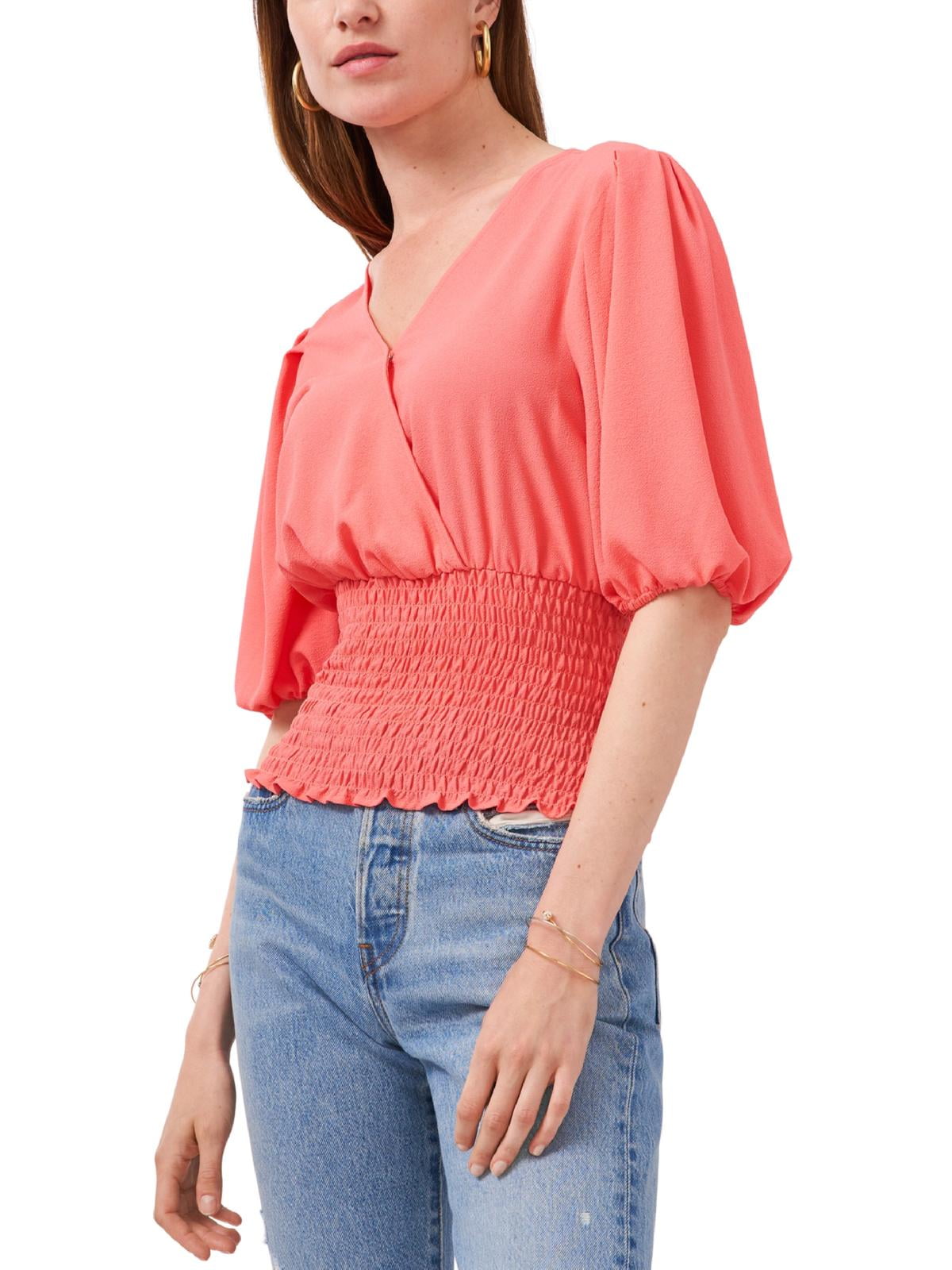 1. STATE Womens Coral Stretch Smocked Pleated Elbow Puff-sleeve Pouf ...