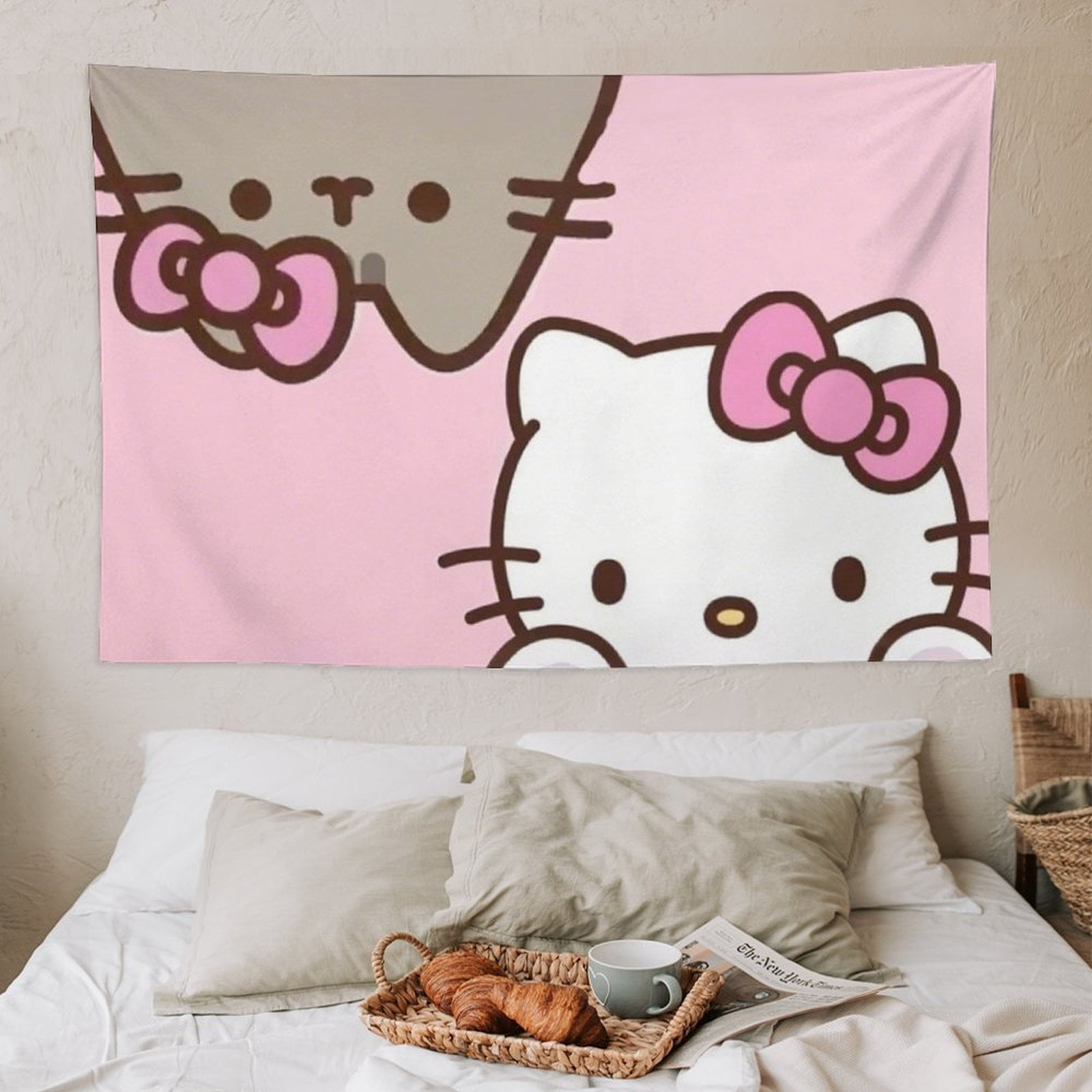1 Sanrio Hello Kitty and Cat Cartoon Tapestry Wall Hanging - Pink background with cute Hello ...