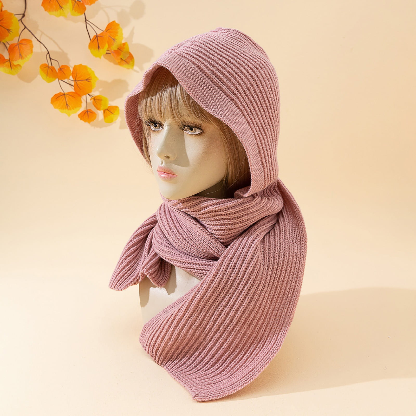 1 Scarf And Hat Integrated Pink Wool Winter Womens Thick Warm Knit ...