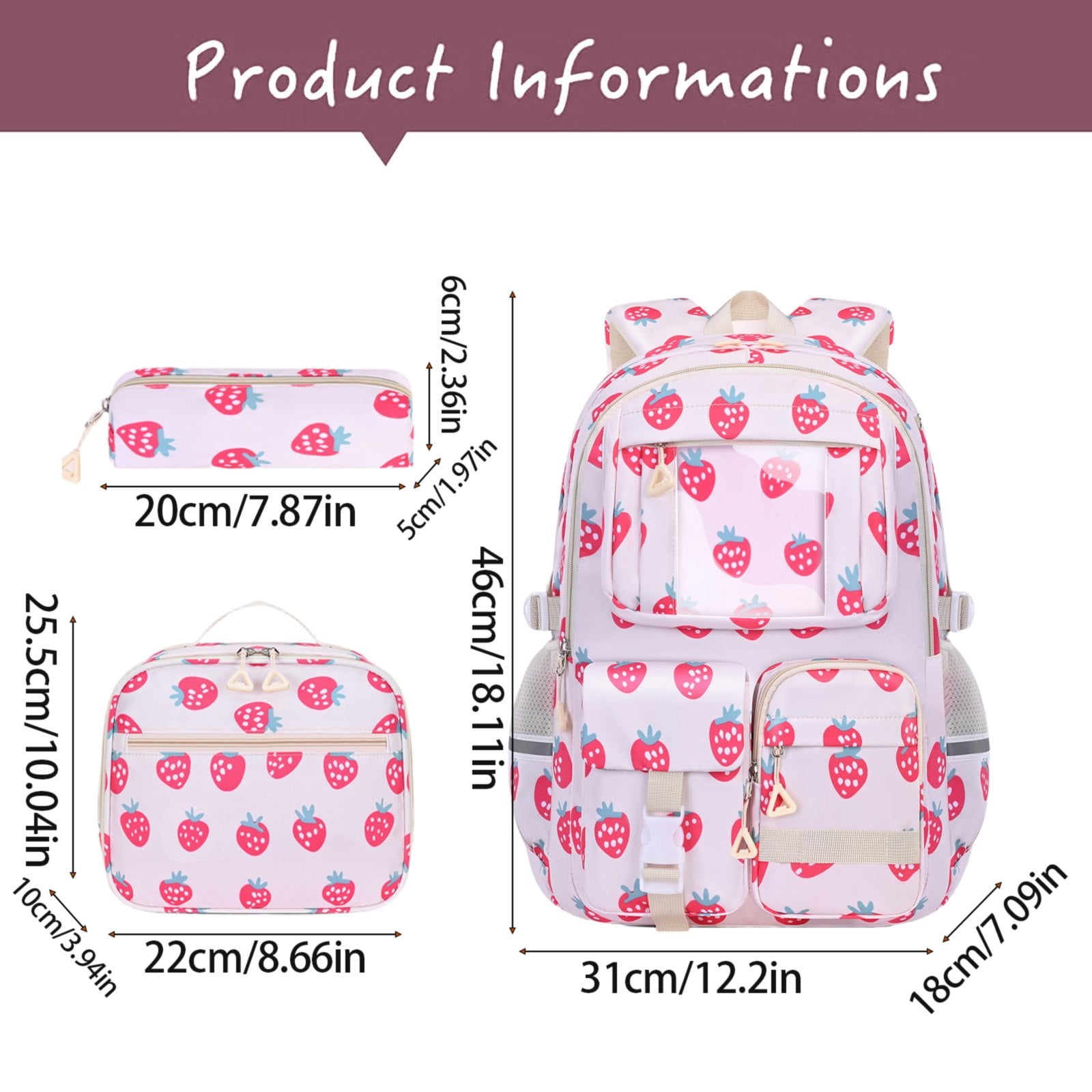 1 School Bag Strawberry Print Backpack Aesthetic Nylon Rucksack Cute ...