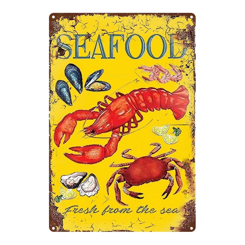 1 Seafood-Themed Vintage Tin Sign: Lobster, Crab, and Shell Decorations ...