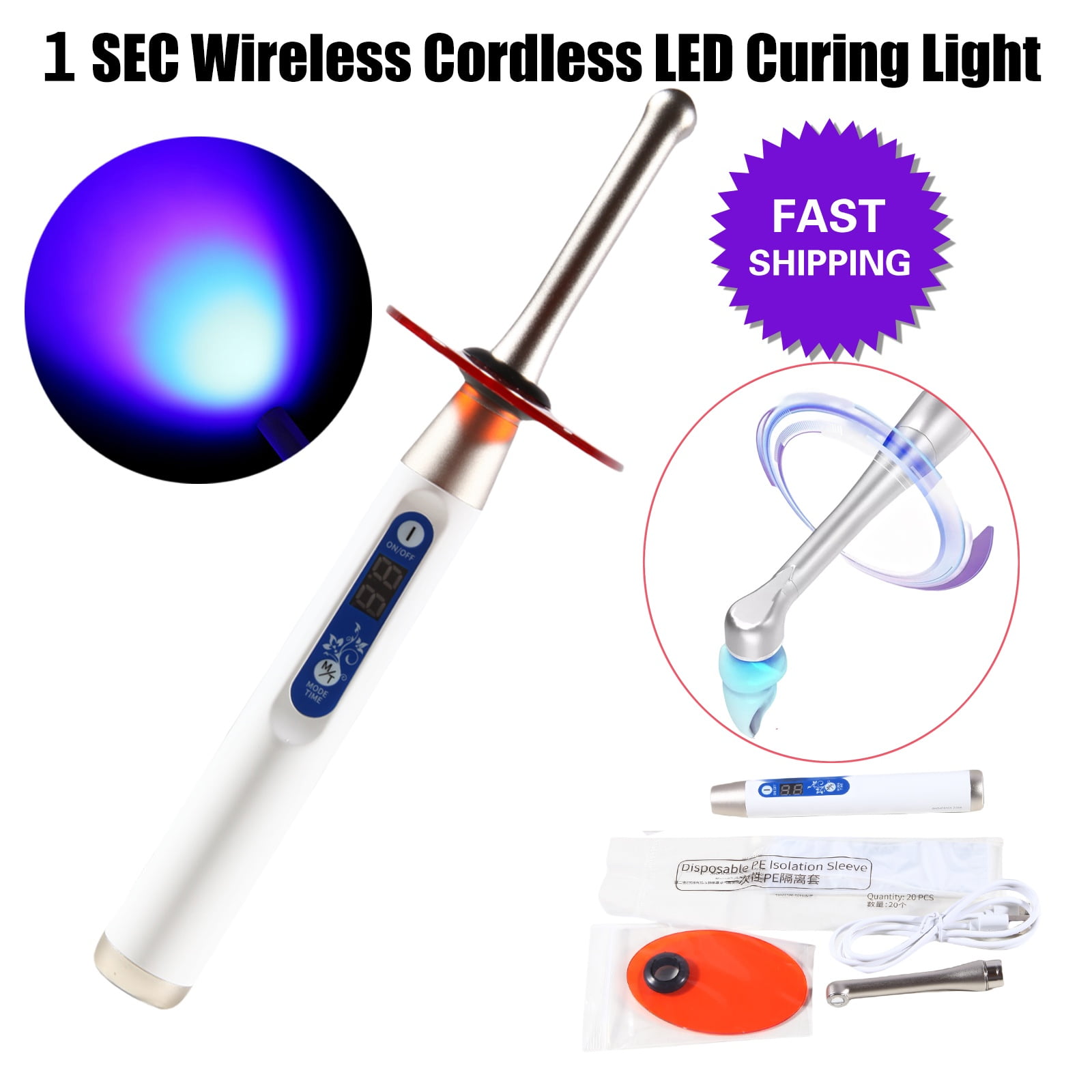 1 Second UV Dental Wireless LED Curing Light Cure Lamp Rechargeable 360 ...