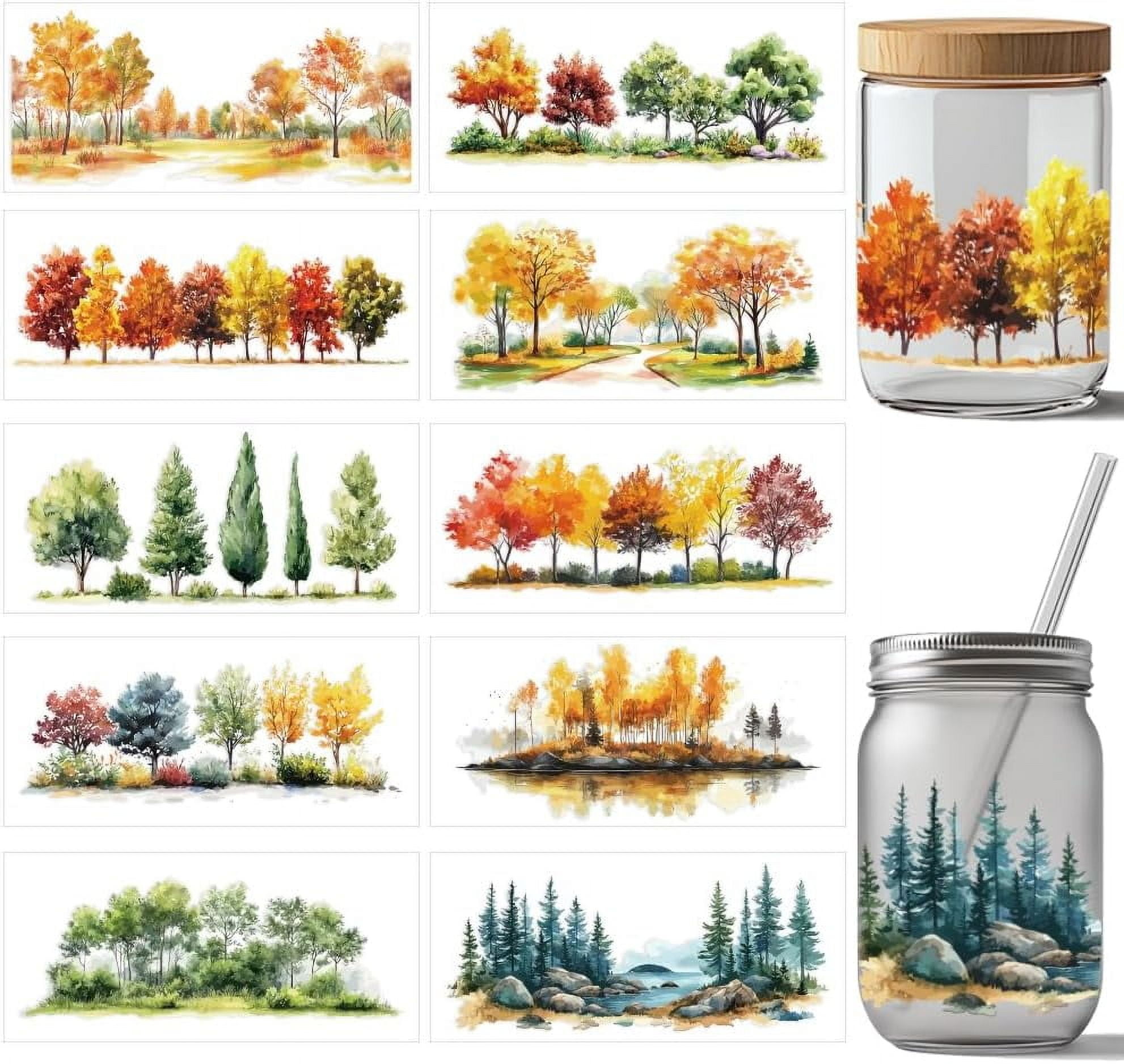 1 Set 10 Sheets UV DTF Cup Wrap 10 Styles Trees Theme Forest Landscape Illustration Rub on ...