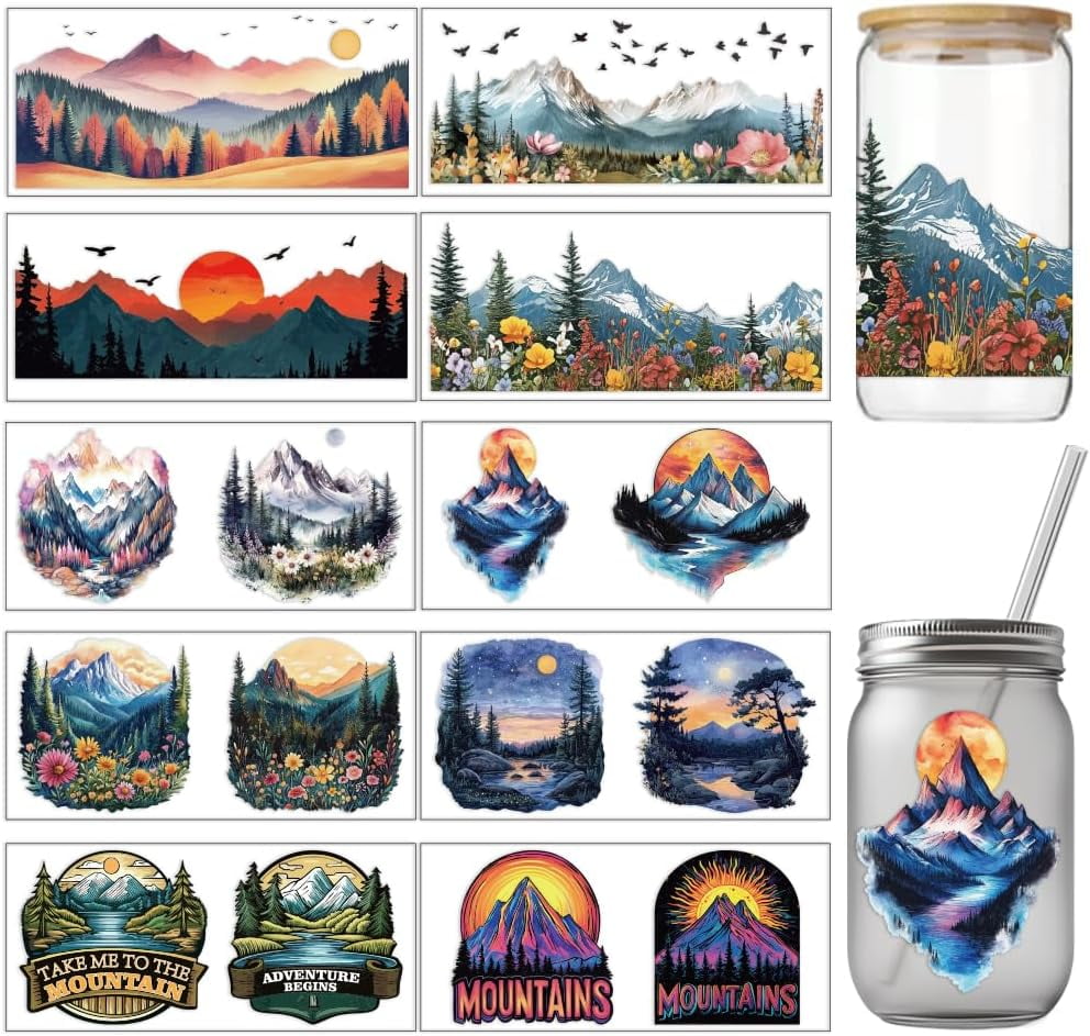 1 Set 10 Sheets UV DTF Cup Wraps for 16 OZ Glass Cups 10 Styles Mountains Trees River Flying ...
