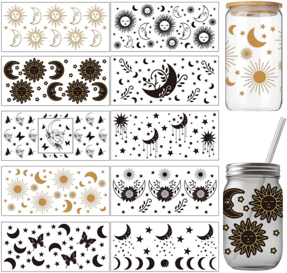 1 Set 10 Sheets UV DTF Cup Wraps for 16 OZ Glass Cups 10 Styles Sun Moon Plants Butterflies ...