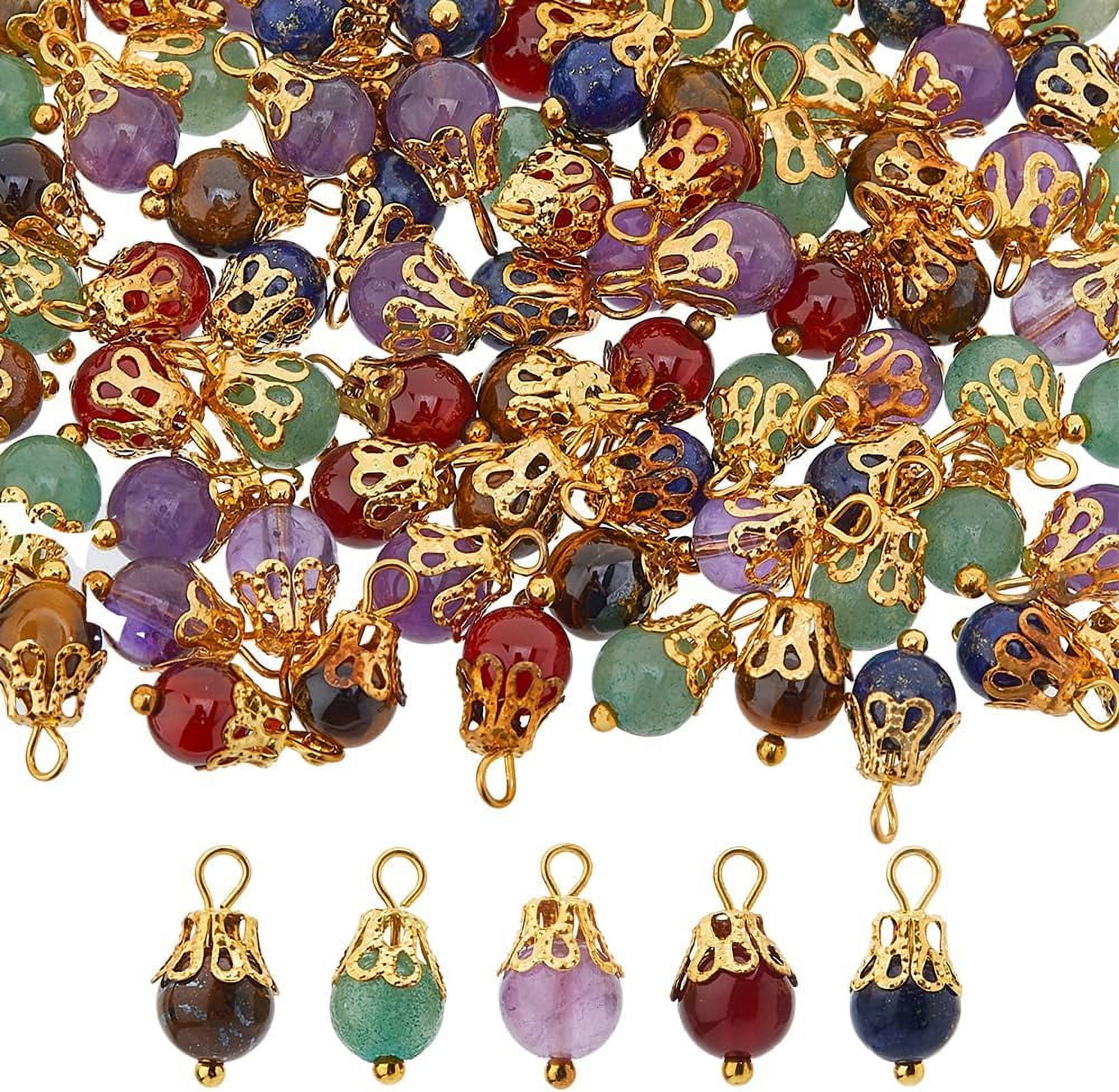 1 Set 120Pcs Natural Mixed Gemstone Round Charms with Brass & Iron Findings Golden 13~14x6mm ...
