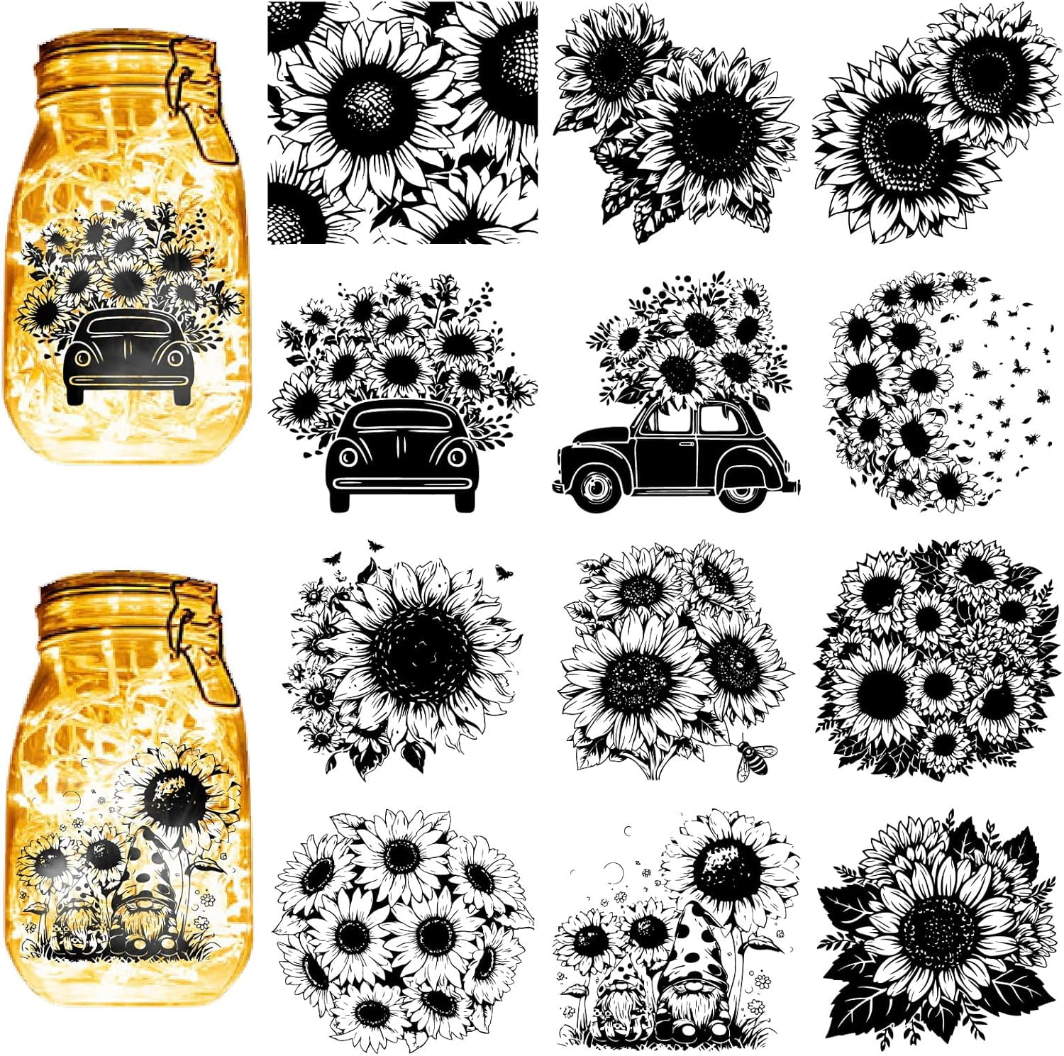 1 Set 12Pcs Sunflower Bee Silhouettes Mason Jar Decor Spring Summer ...