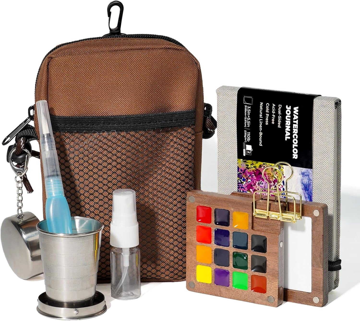1 Set 15-Color Watercolor Paint Kit, Walnut Wood Palette with Crossbody ...