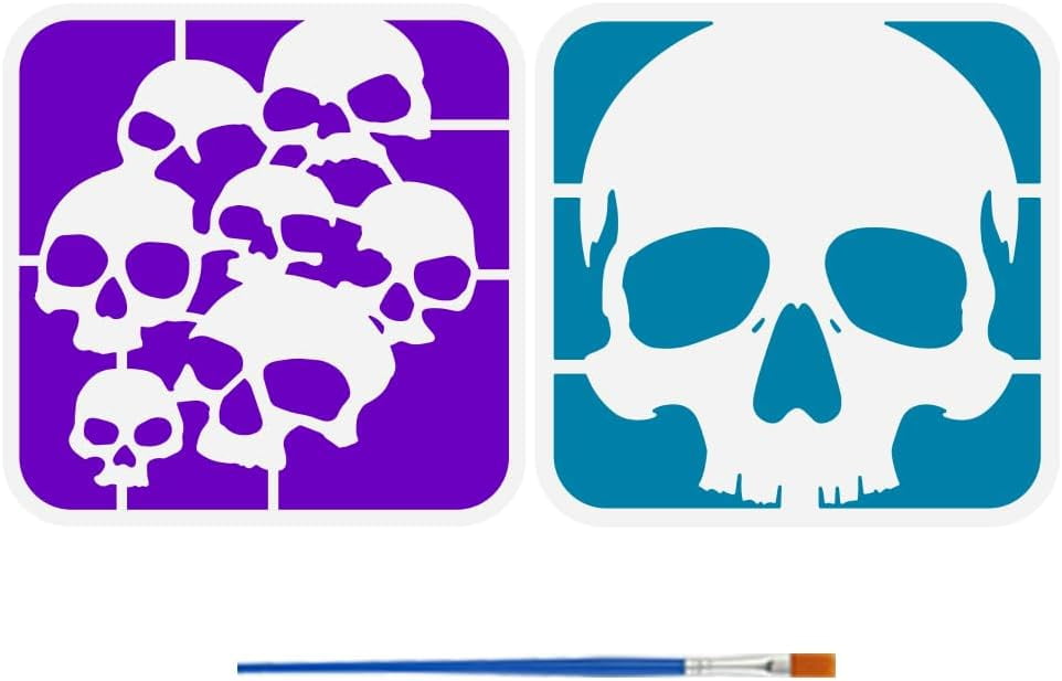 1 Set 2 Pcs Skull Pattern Stencils with Brush 5.9x5.9inches Plastic PET ...