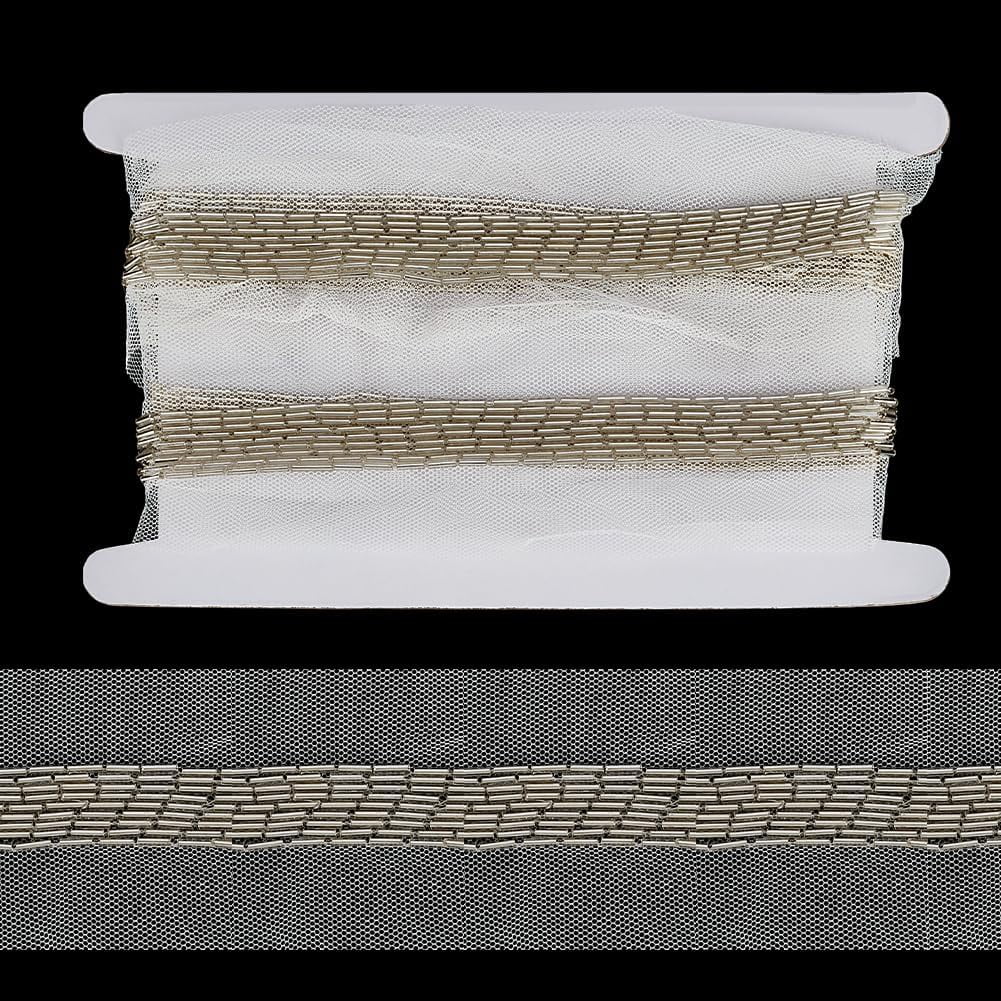 1 Set 2 Yards Tube Beads Decorative Tape Lace Edge Trim Ribbon 2-3/8 inch Wide Silver Beaded ...