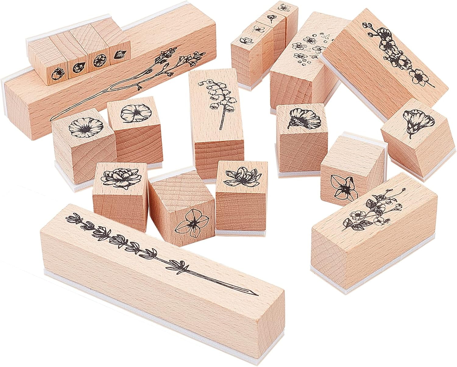 1 Set 22PCS Wood Rubber Stamp Set Plant & Flower Decorative Mounted ...