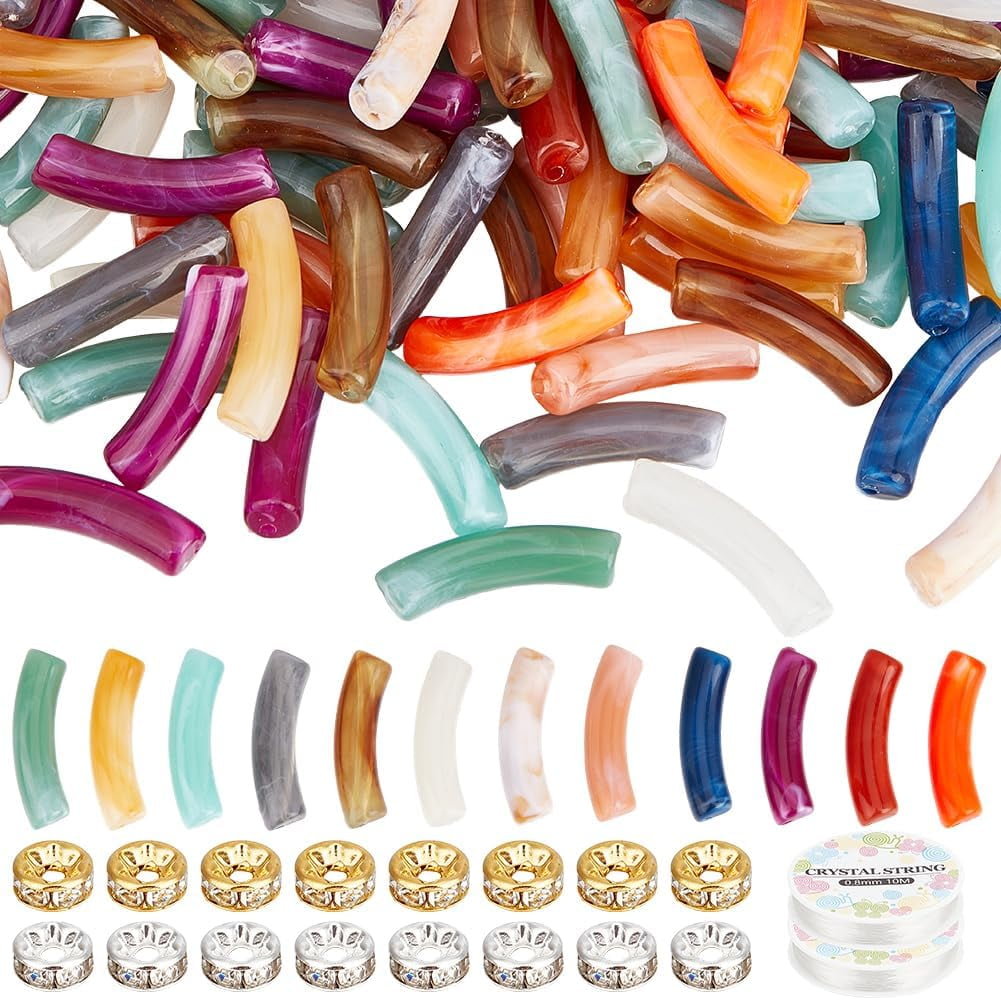 1 Set 240Pcs Bamboo Tube Beads Curved Bead Tubes with 2 Rolls Thread ...