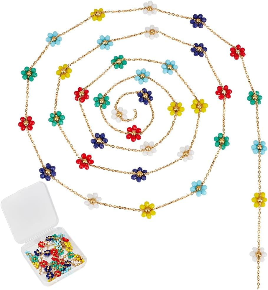 1 Set 2M/6.56 Feet Beaded Flower Chain Golden Bead Chain 304 Stainless ...