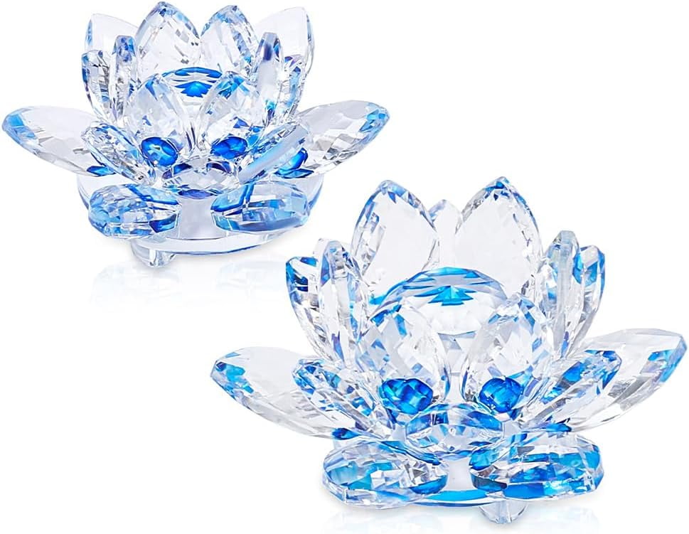 1 Set 2Pcs Sparkle Crystal Lotus Flower Figurines 2 Sizes Blue Lotus ...