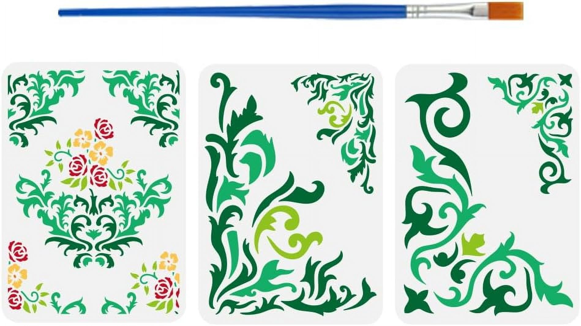 1 Set 3 Pcs Damask Border Corner Stencil with A Paint Brush 11.7x8 ...