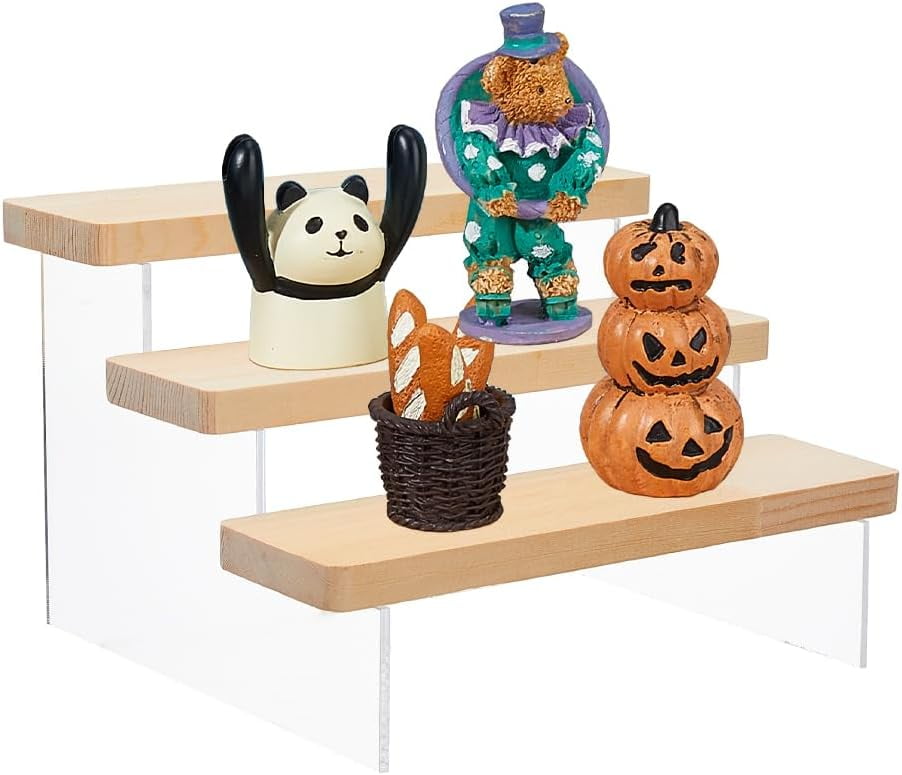 1 Set 3 Tier Wood Acrylic Display Stand Riser Display Shelves Transparent Minifigures Display ...
