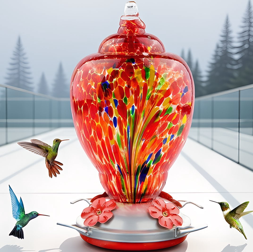 1 Set 32 oz Outdoor Hummingbird Feeder Hand Blown Glass with Ant Moat ...