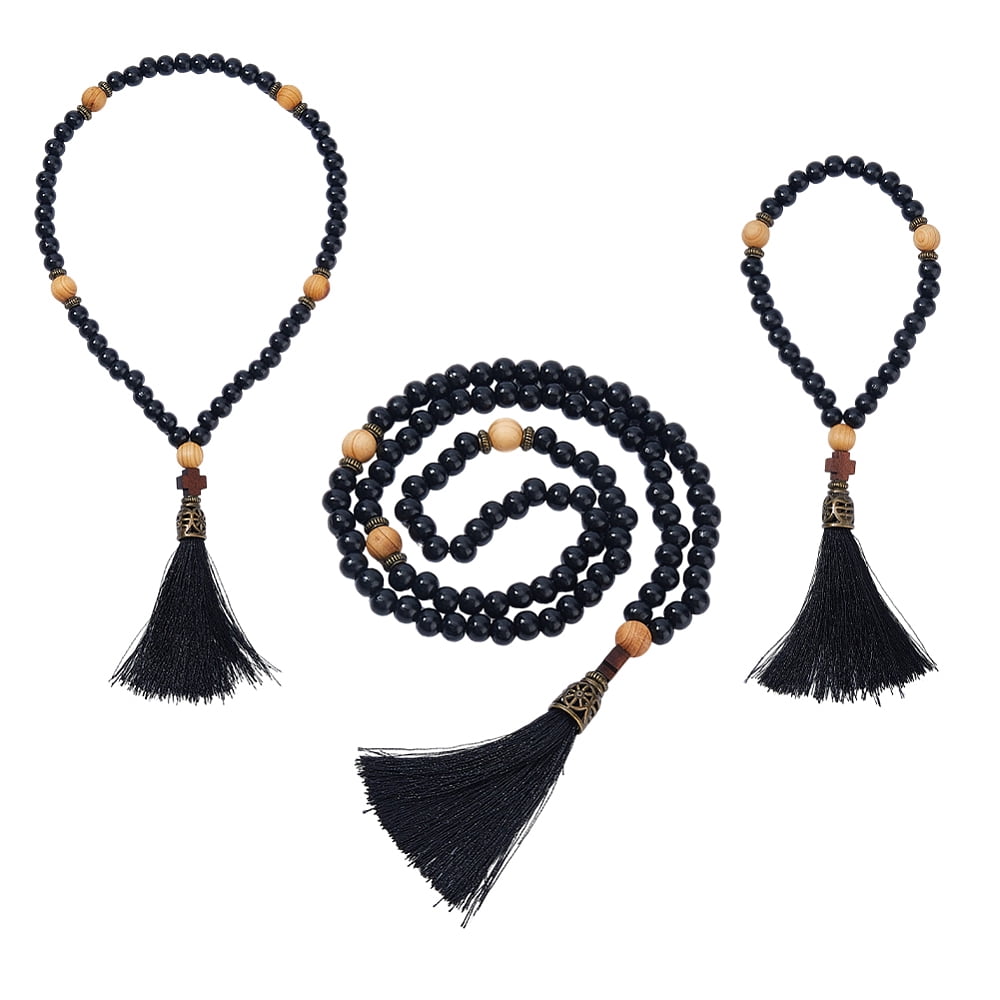 1 Set 3Pcs Wood Bead Necklaces & Bracelets Sets Tassel Black 430~920mm ...