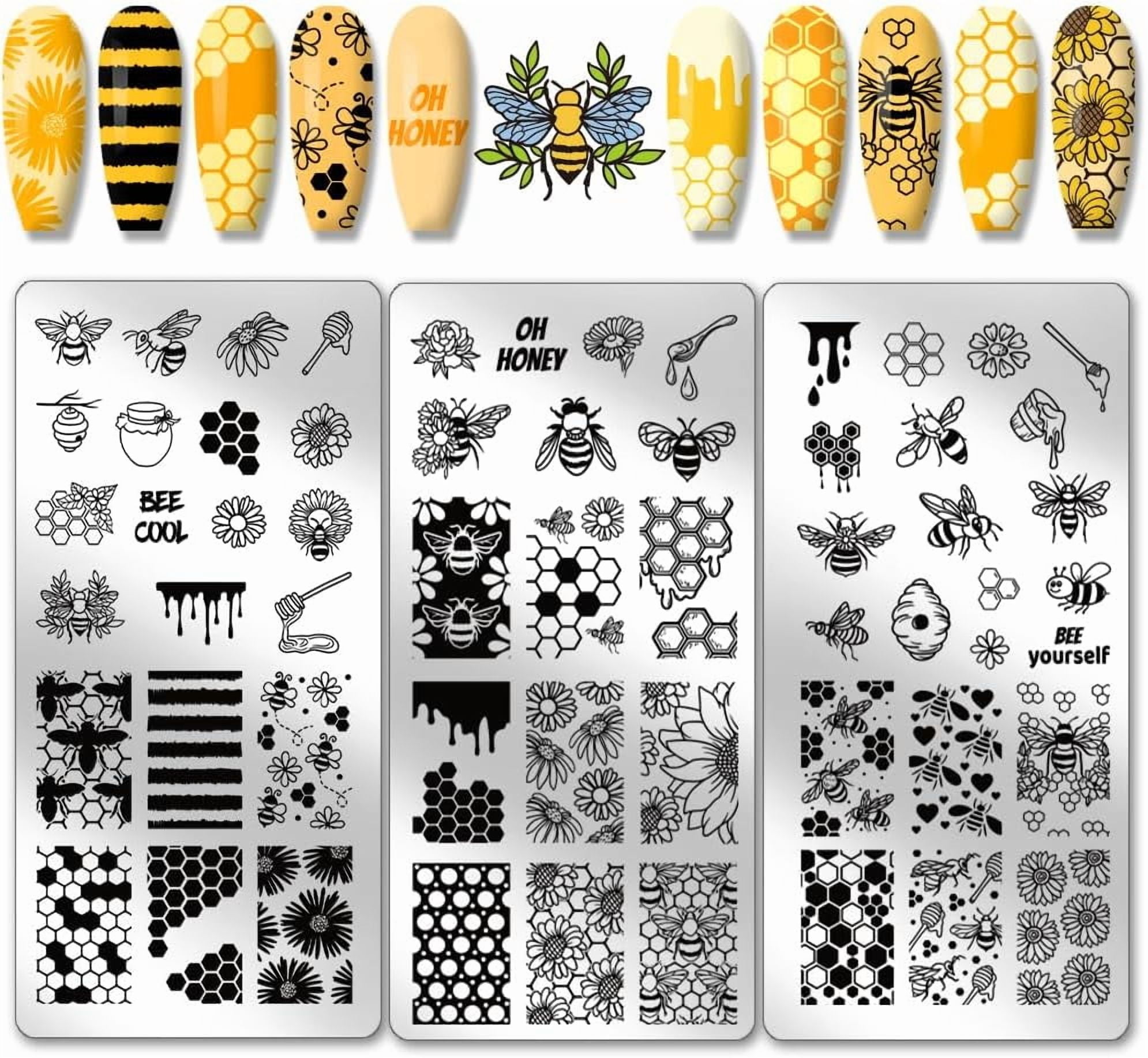 1 Set 3pcs Honeycomb Nail Stamping Plates Spring Bee Honey Nail Stamper ...