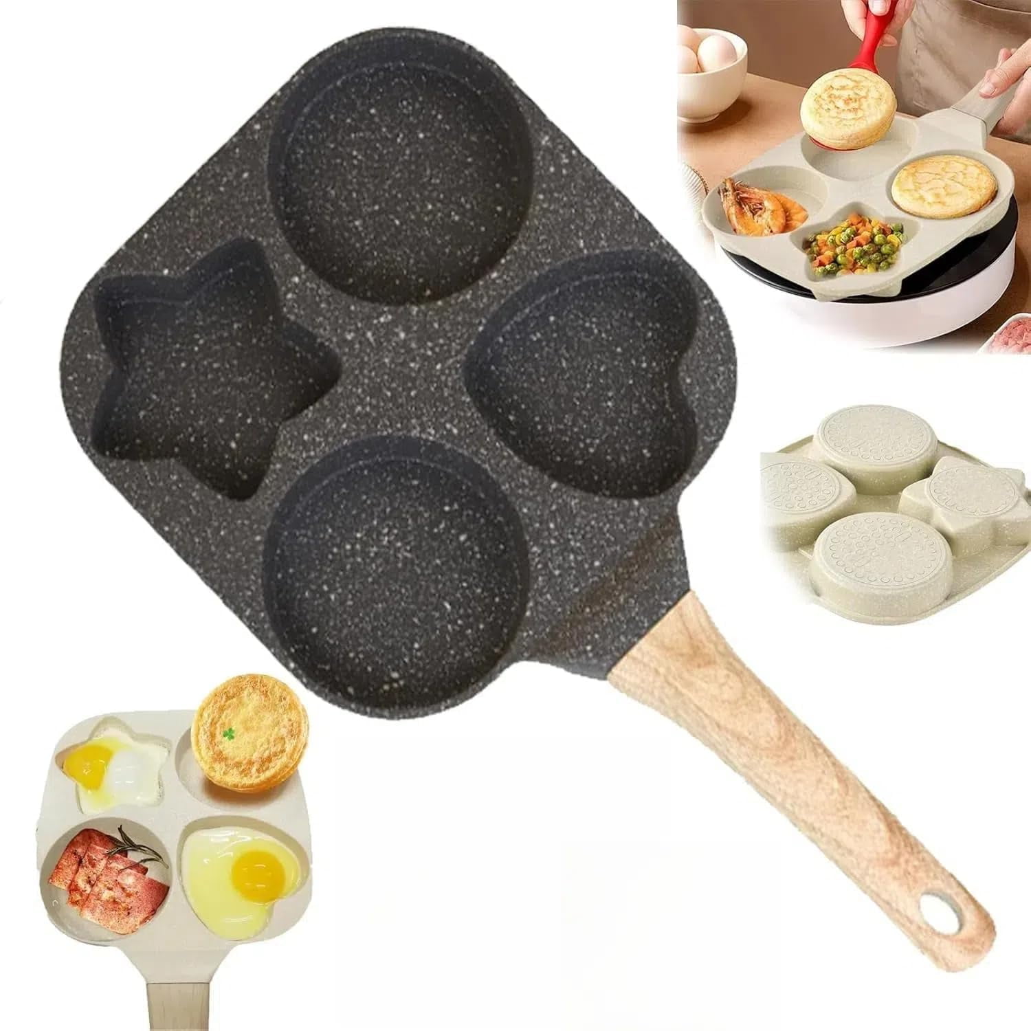1 Set 4 Hole Skillet with Handle, Mini Pancake Maker for Breakfast, Egg ...