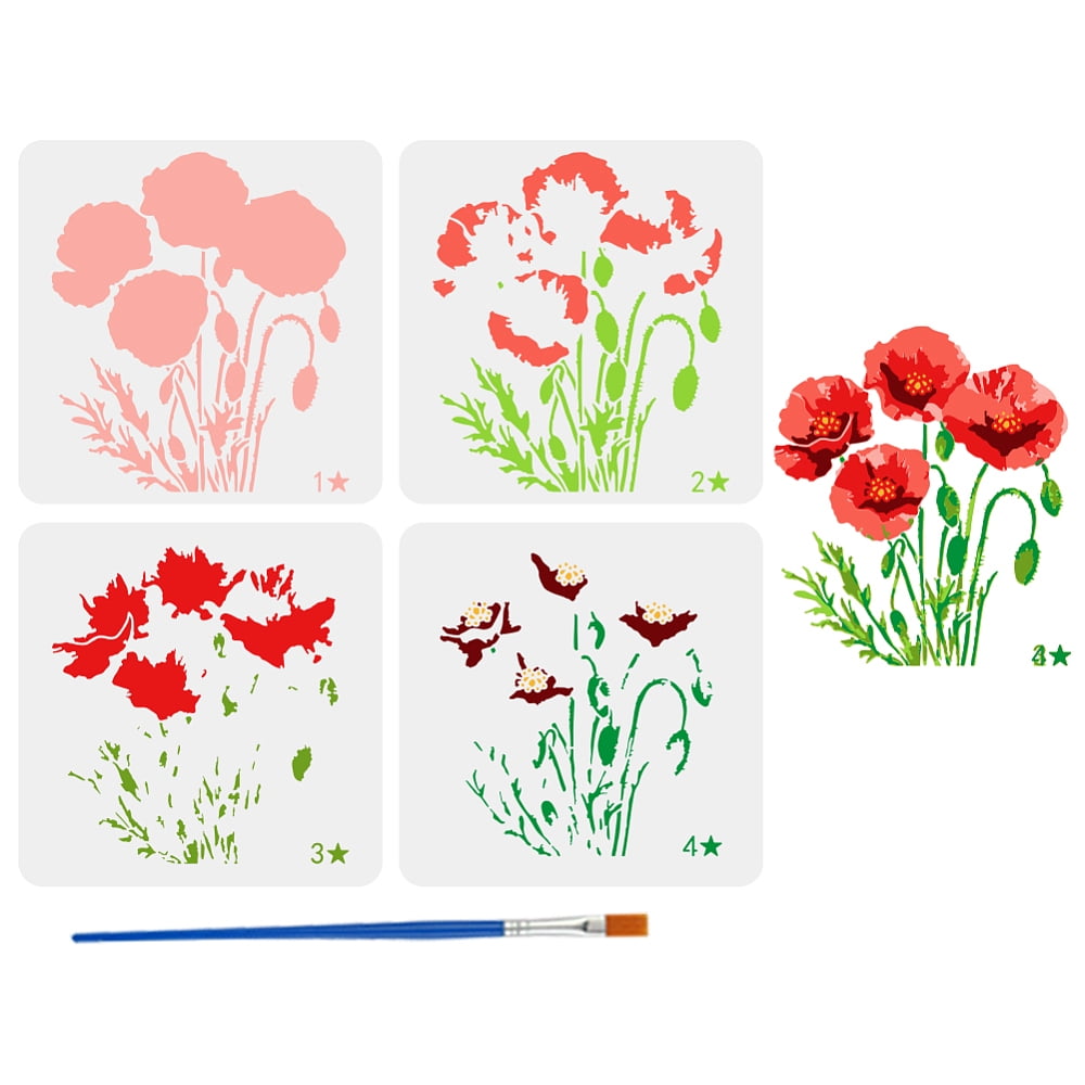 1 Set 4 PCS Layered Realistic Poppies Painting Stencils 11.8x11.8 inch Reusable Poppy Flowers ...