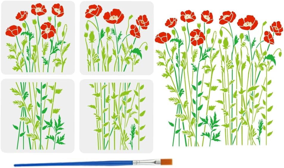 1 Set 4 PCS Poppy Flowers Stencils for Painting 11.8x11.8 inch Spliced ...