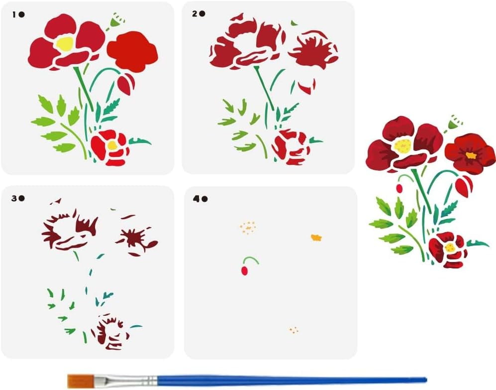 1 Set 4 PCS Realism Layered Poppy Flower Stencils for Painting 5.9x5 ...