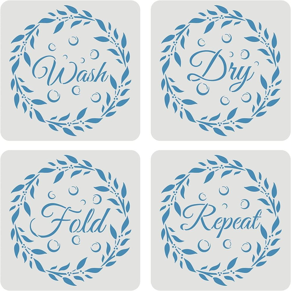 1 Set 4 Pcs Laundry Room Stencils 30x30cm Wash Dry Fold Repeat Stencils Plastic Bubbles Laurel ...
