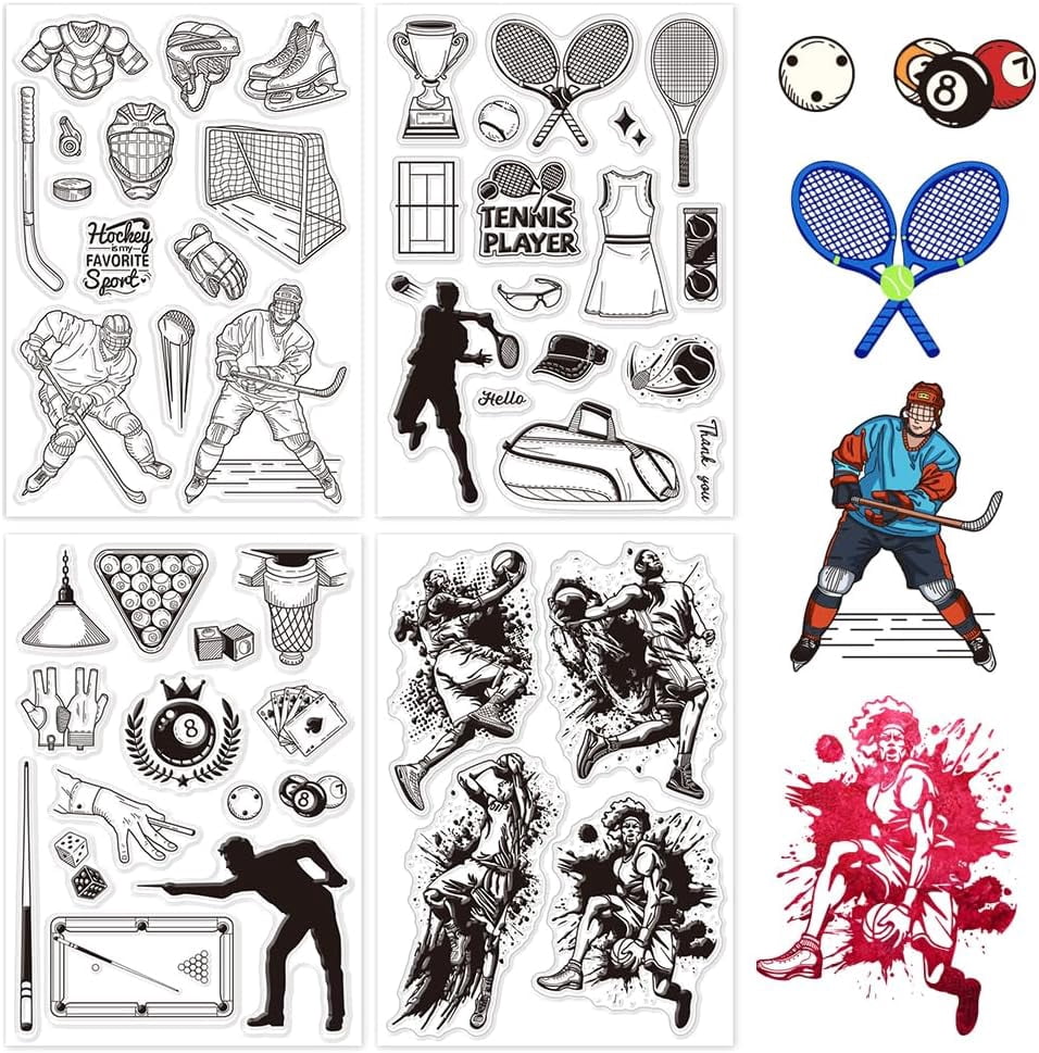 1 Set 4 Sheets Hockey Clear Stamps for Card Making Tennis Billiards ...