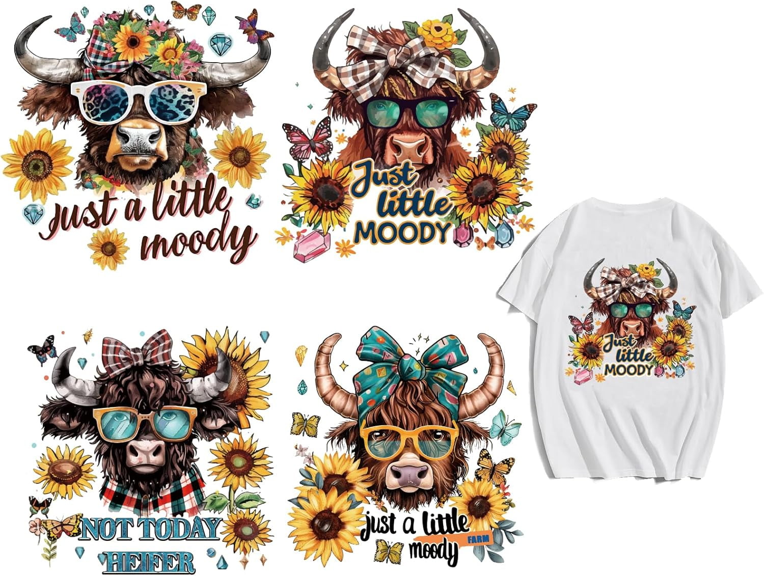 1 Set 4 Sheets Western Cow Iron on Decals Patches Just a Little Moody Iron on Stickers Sunflower ...