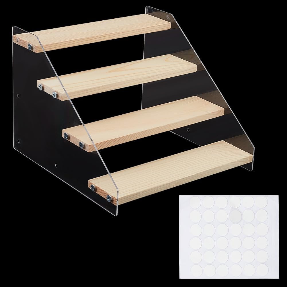 1 Set 4-Tier Acrylic Action Figure Display Risers Wood Tiered Display ...