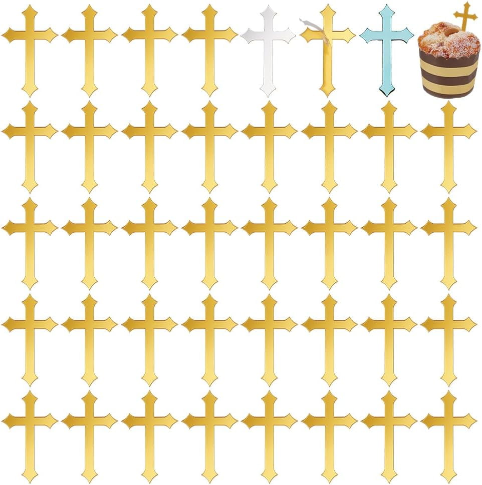 1 Set 40 Pcs Gold Mirror Crossing Cupcake Toppers 1.9x1.1 inch Acrylic Cross Cake Toppers Cross ...
