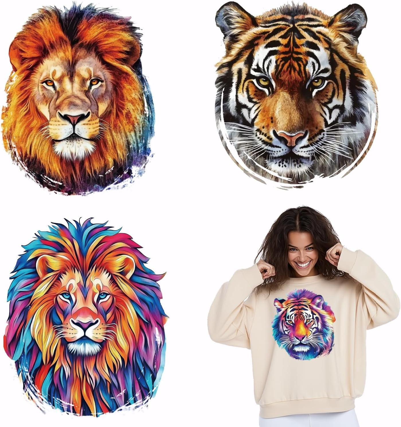 1 Set 4PCS Lion and Tiger Iron On Transfer Patches Animal Heat Transfer ...