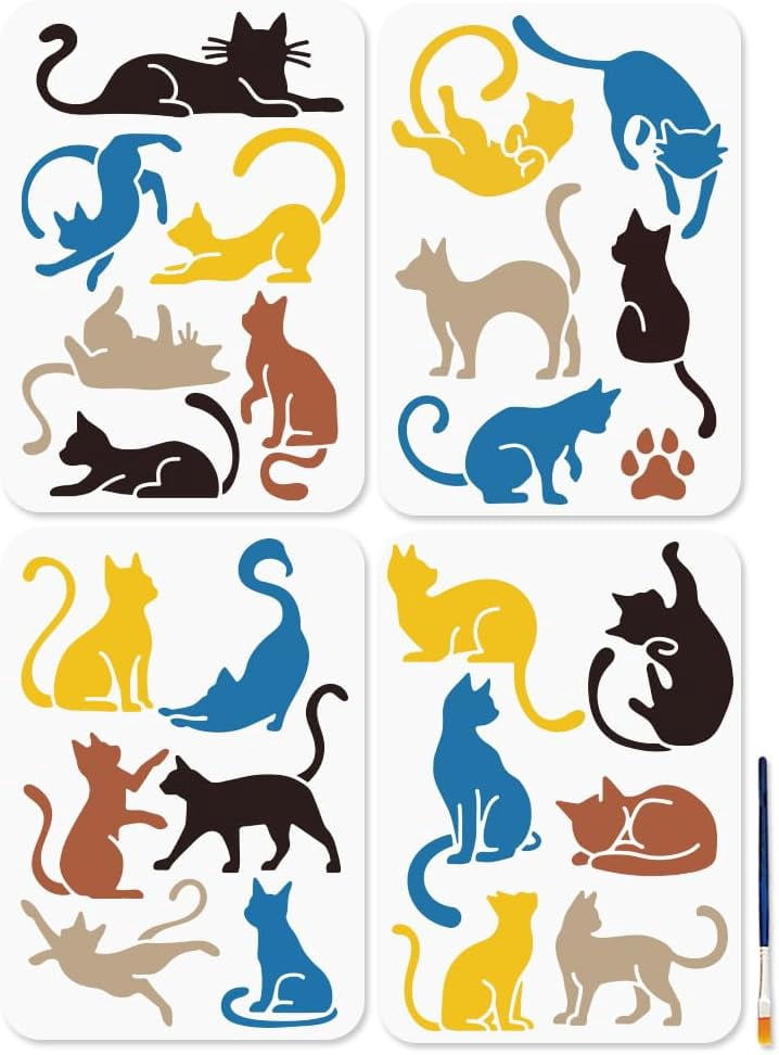 1 Set 4Pcs Cat Stencils Small Cat Paw Print Template 11.7x8.3inch Cute ...