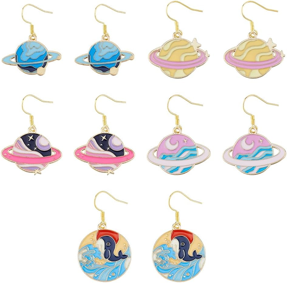 1 Set 5 Pair 5 Style Golden Plated Alloy Enamel Planet Dangle Earrings ...