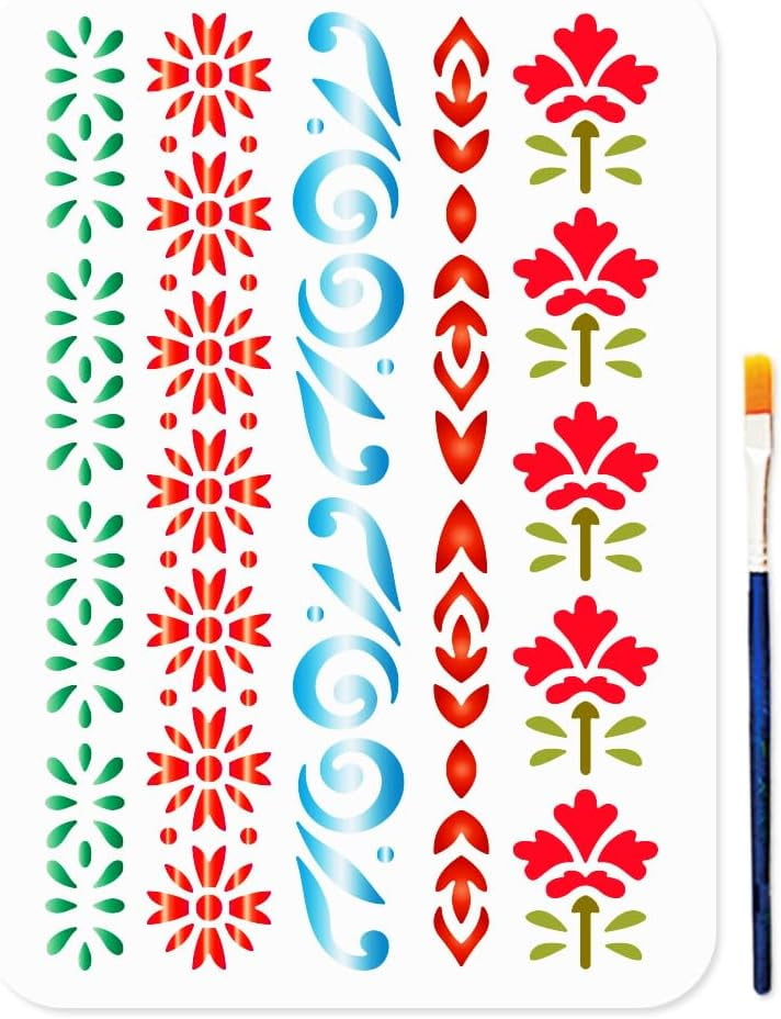 1 Set 5 Styles Floral Border Stencil 11.7x8.3inch Flower Corner Border Template with Paint Brush ...
