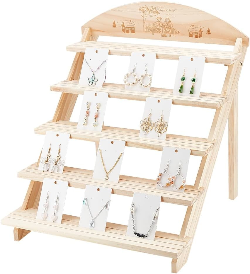 1 Set 5-Tier Wood Earring Display Card Racks 3-Row Slot Wooden Jewelry ...