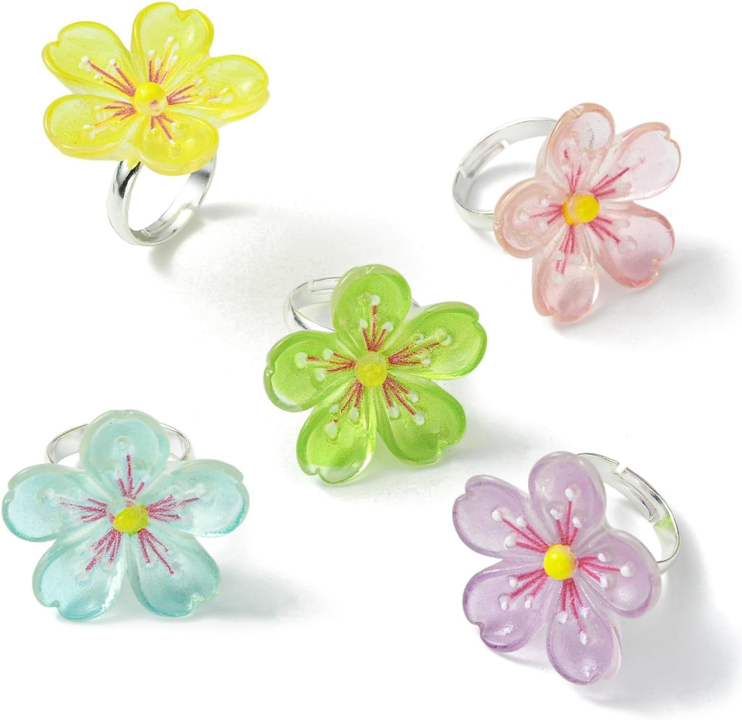 1 Set 5Pcs 5 Colors Luminous Glow in the Dark Flower Resin Finger Rings ...